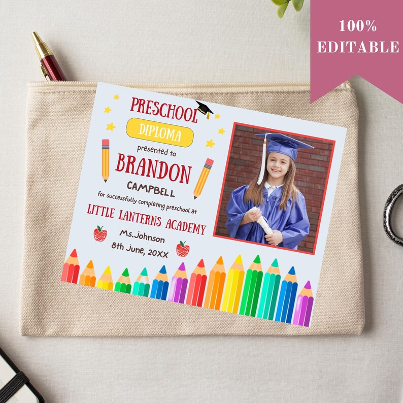 Editable Preschool Diploma Template With Photo (10x8 Printable) - Etsy