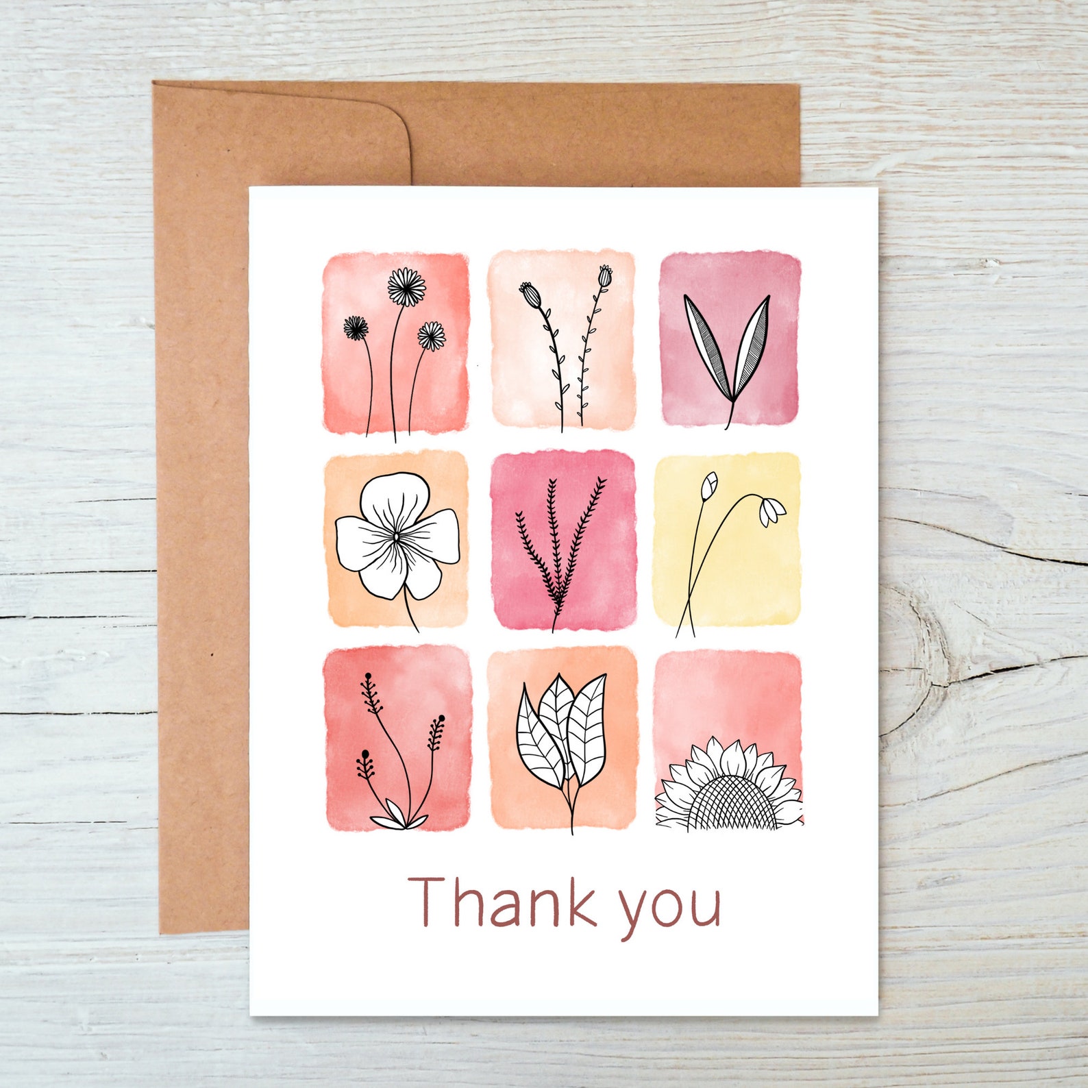 Watercolor Doodle Thank You Card Multiple Color Options - Etsy