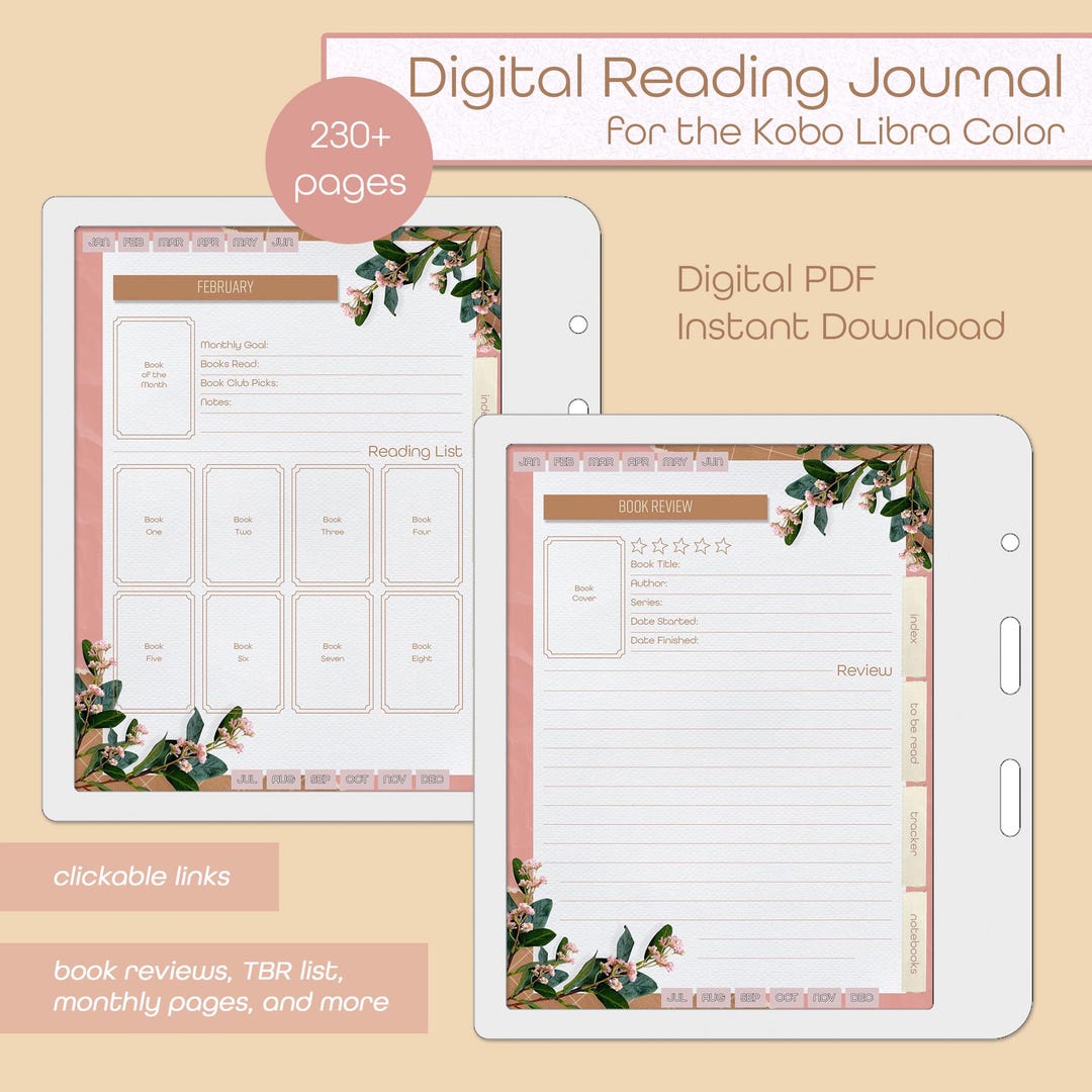 Digital Reading Planner Journal for Kobo Libra Color E-reader Notebook | Kobo Stylus Notebook ...