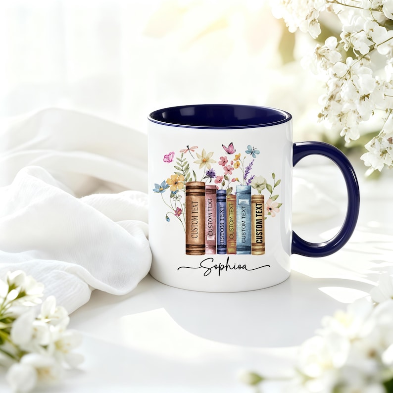 Personalized Floral Books Mug, Custom Tittle & Name Librarian Bookworm ...