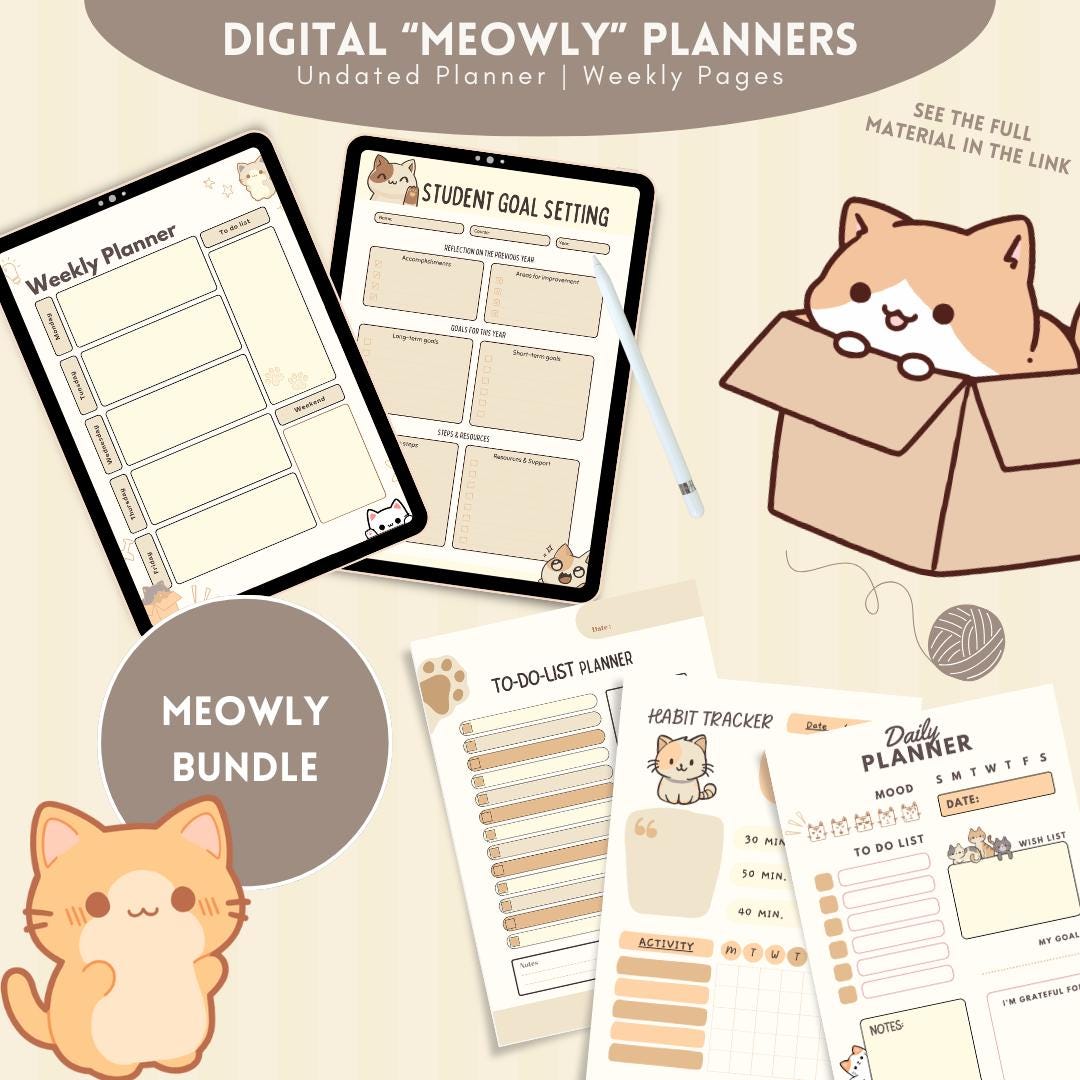 Cute Cat Digital Planner Bundle – 7 Page Printable | Daily, Weekly ...