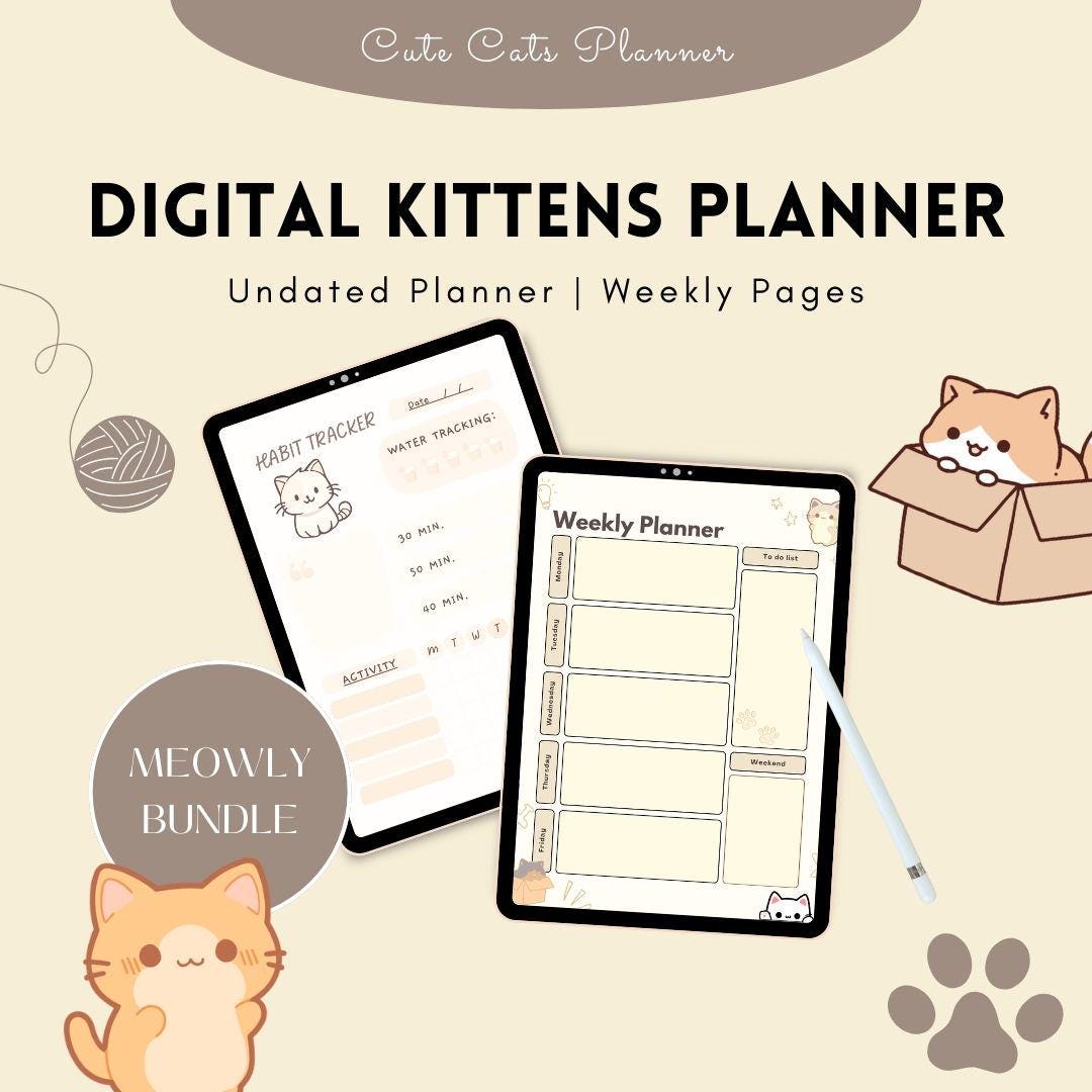 Cute Cat Digital Planner Bundle – 7 Page Printable | Daily, Weekly ...