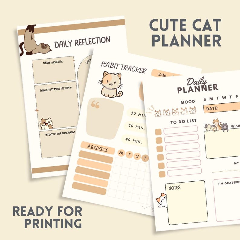Cute Cat Digital Planner Bundle – 7 Page Printable | Daily, Weekly ...