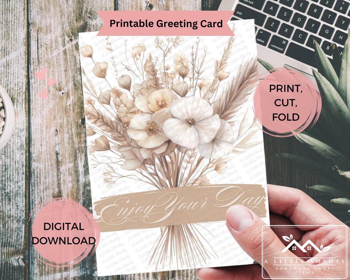 Printable Neutral Floral Card, Beige Wildflower Digital Download ...