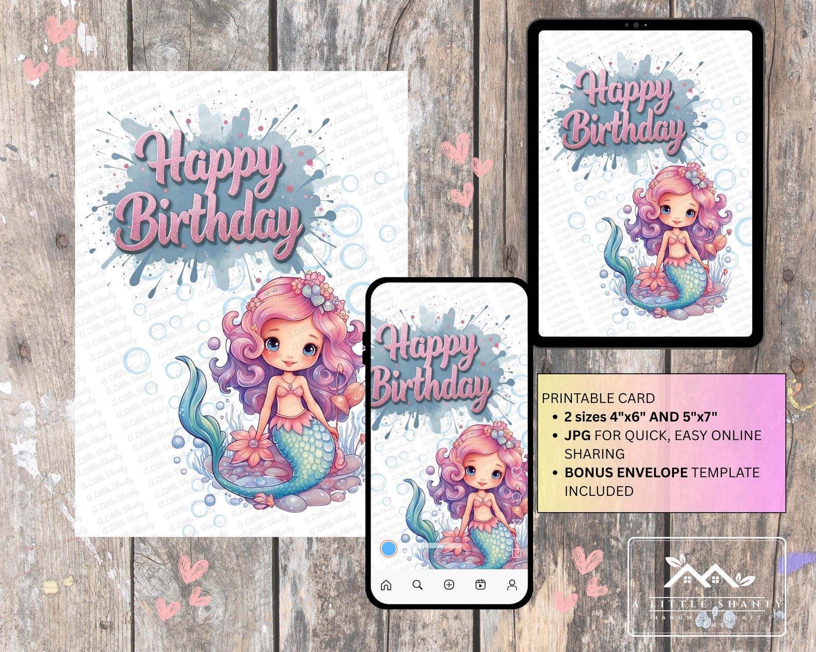 Printable Mermaid Birthday Card, Digital Ocean Theme Greeting Card ...