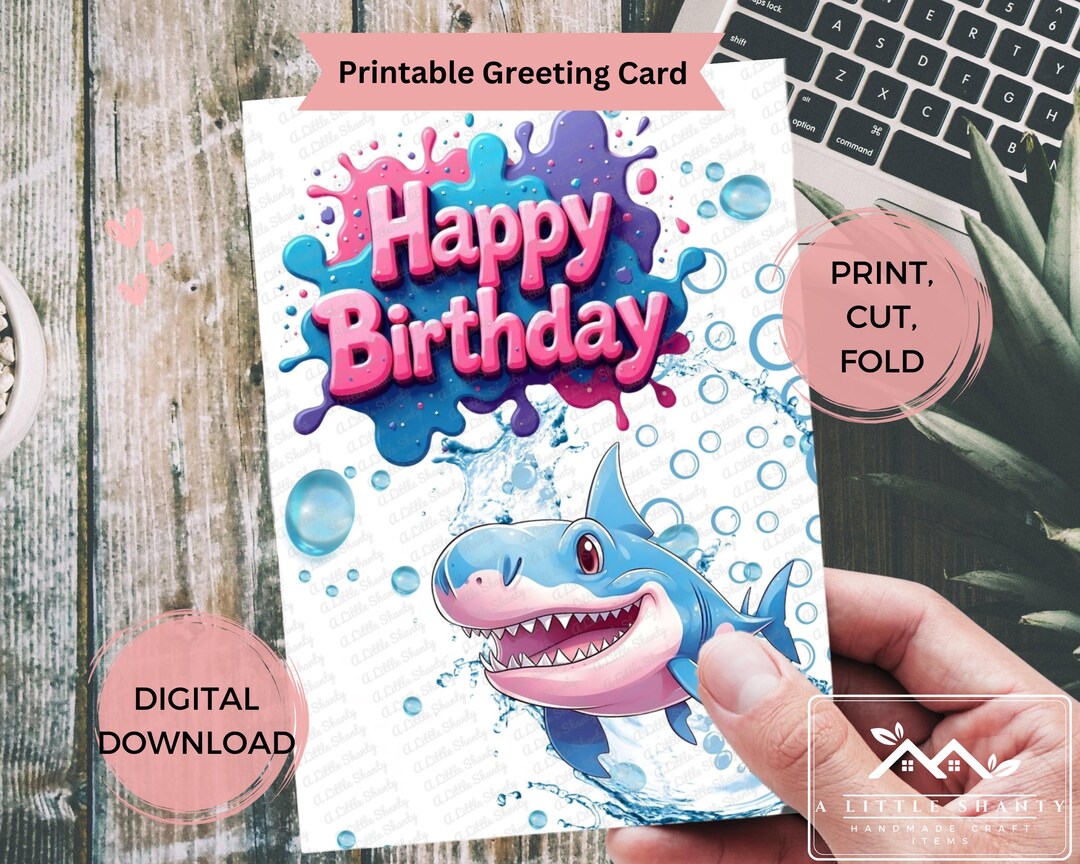Printable Shark Birthday Card, Cute Ocean Animal Greeting for Marine ...