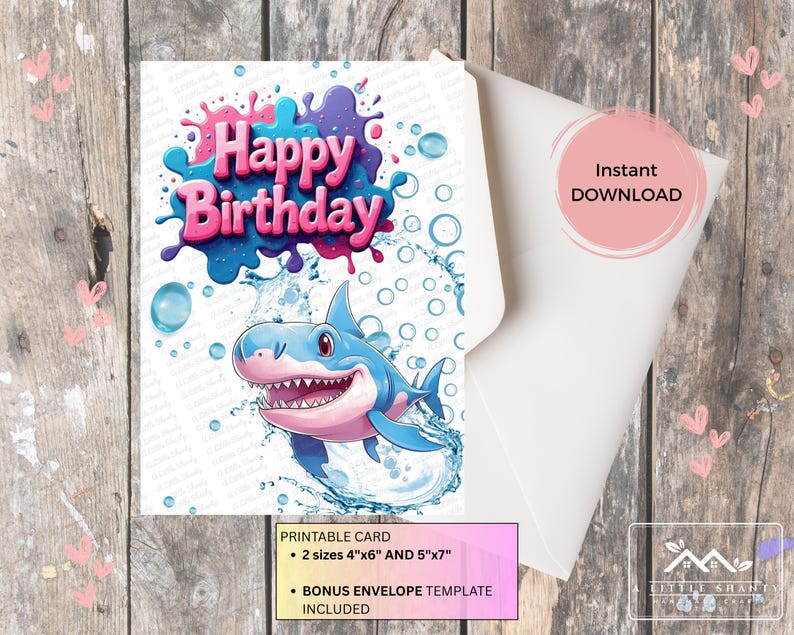 Printable Shark Birthday Card, Cute Ocean Animal Greeting for Marine ...