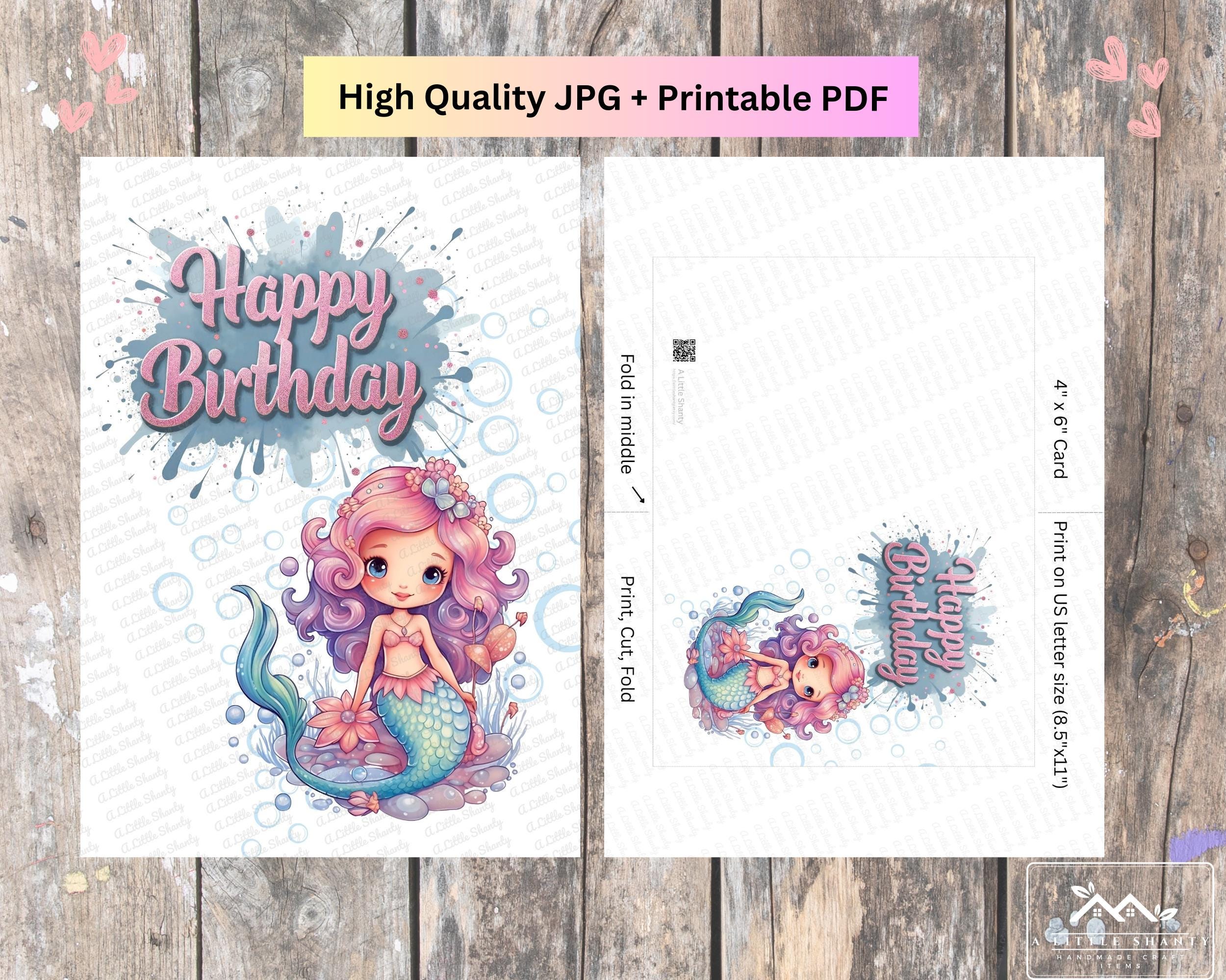 Printable Mermaid Birthday Card, Digital Ocean Theme Greeting Card ...