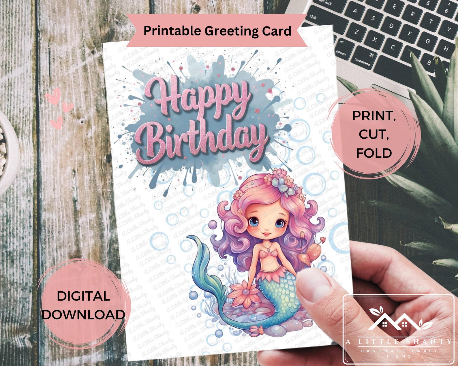Printable Mermaid Birthday Card, Digital Ocean Theme Greeting Card ...
