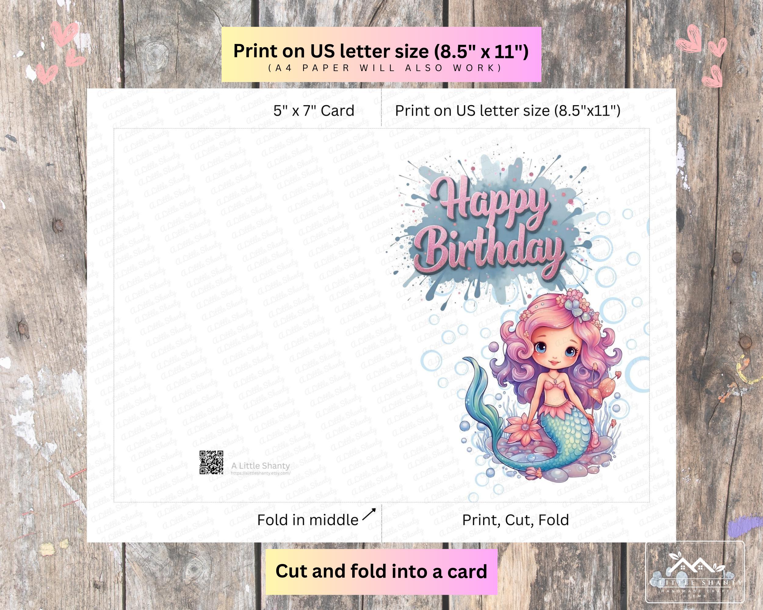 Printable Mermaid Birthday Card, Digital Ocean Theme Greeting Card ...