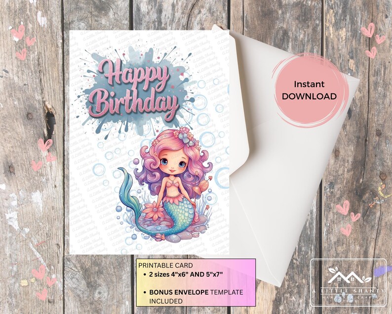 Printable Mermaid Birthday Card, Digital Ocean Theme Greeting Card ...