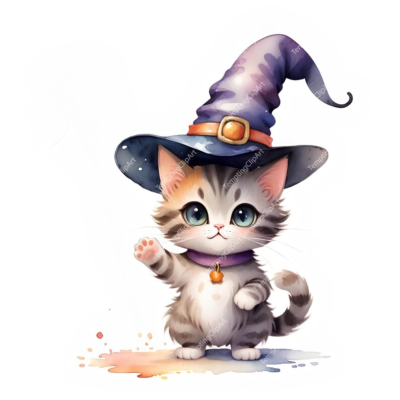 10 Watercolor Witch Cat Clipart | Cute Little Cat With Round Hat and ...