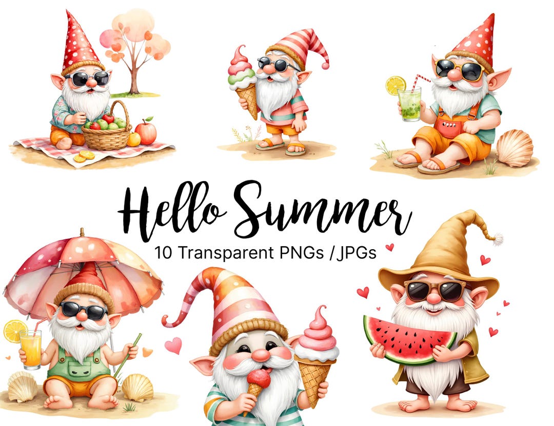 Watercolor Summer Gnomes Cliparts: Beach, Watermelon, Ice Cream ...