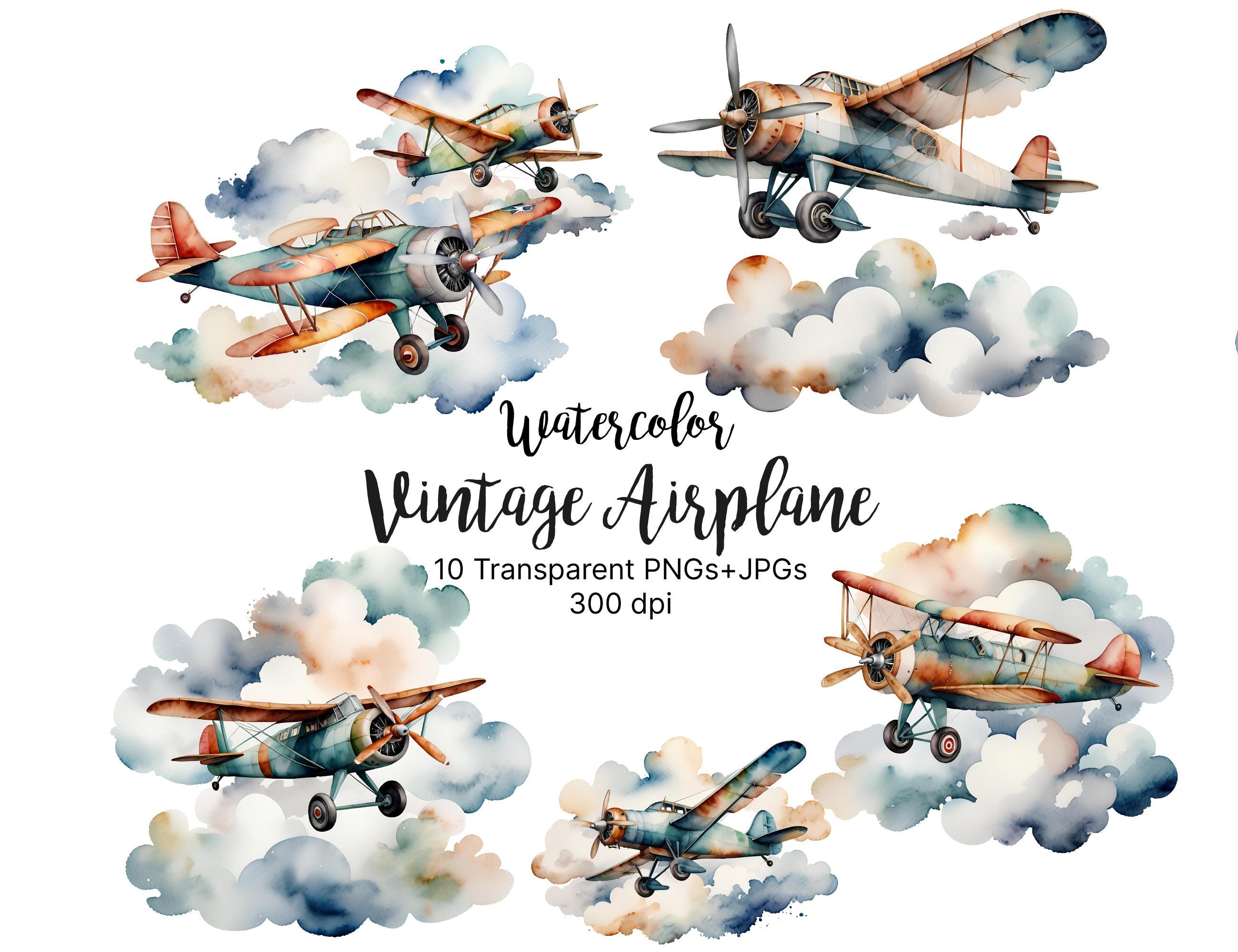 Watercolor Airplane Clipart: Vintage Travel PNG Graphics (digital ...