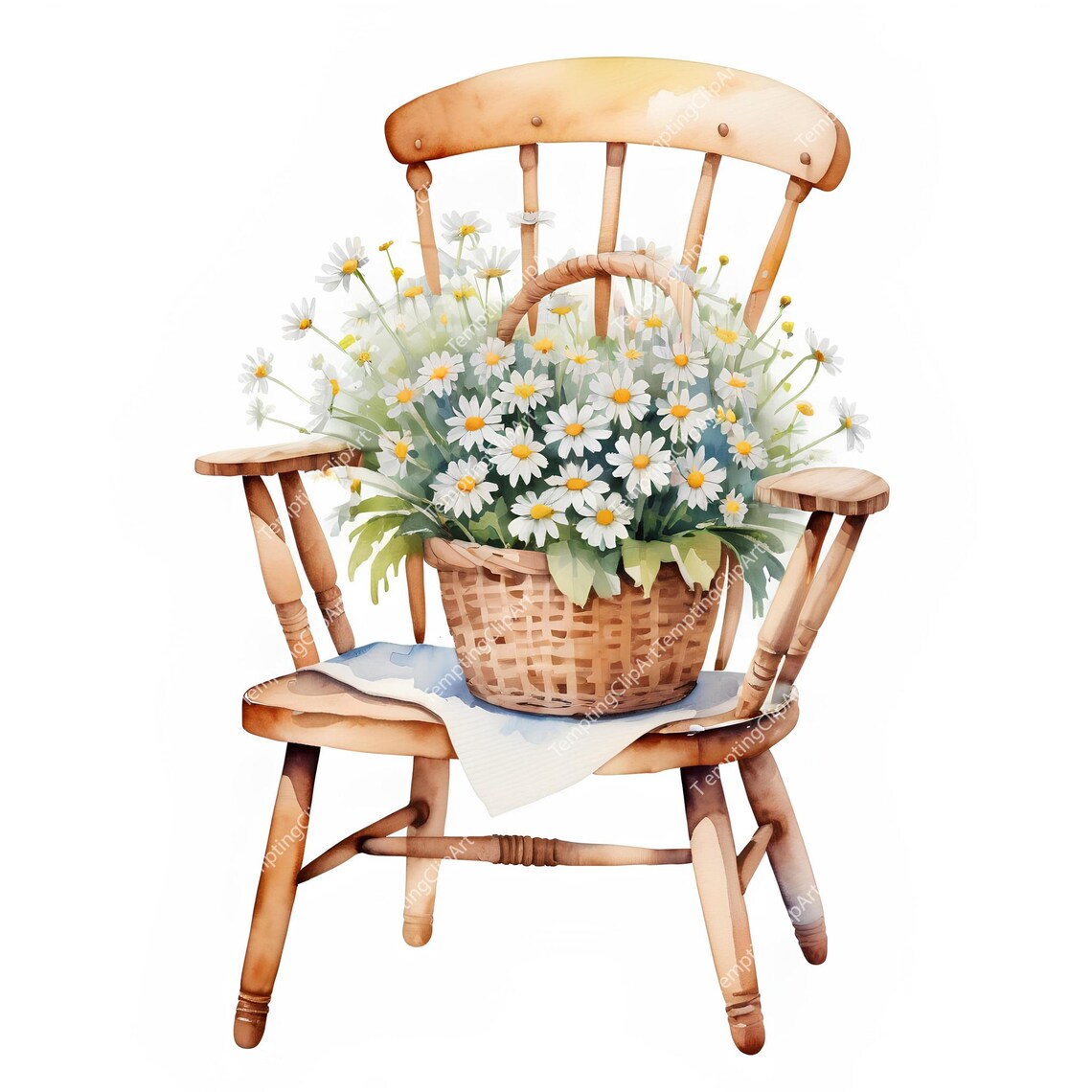 10 Wooden Chair With Daisy Flowers Clipart | Rustic Basket, Watercolor ...