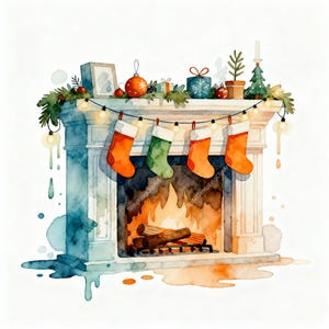 11 Festive Fireplace & Christmas Stockings Clipart | Watercolor Clipart ...