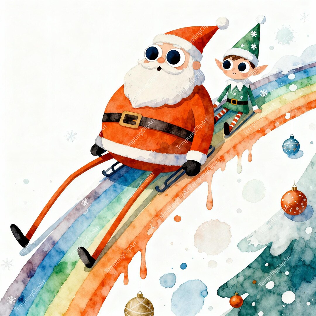 12 Santa and Elf on Rainbow Clipart | Christmas Printable Watercolor ...