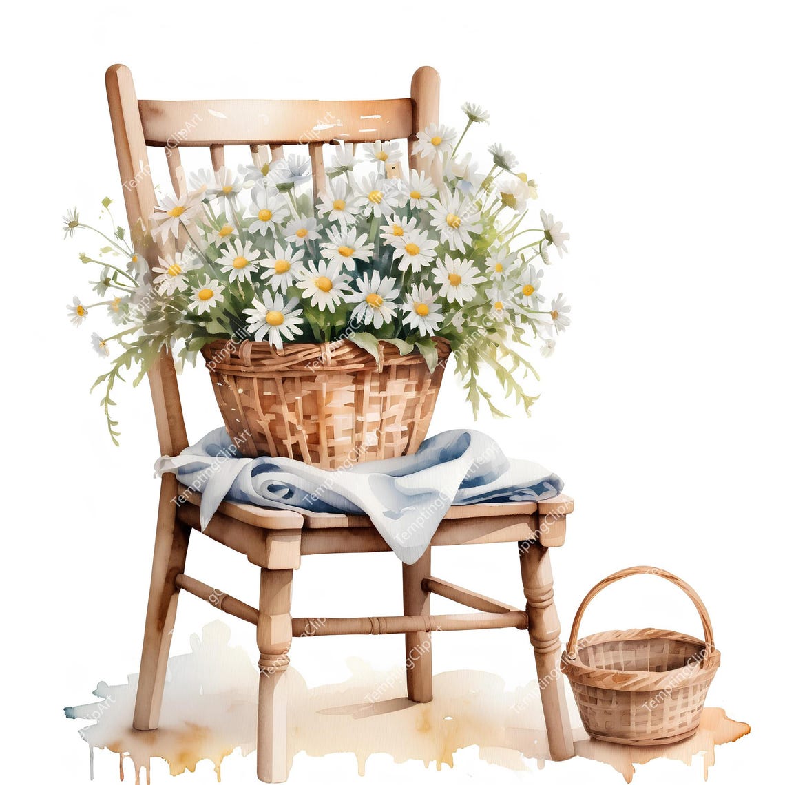 10 Wooden Chair With Daisy Flowers Clipart | Rustic Basket, Watercolor ...