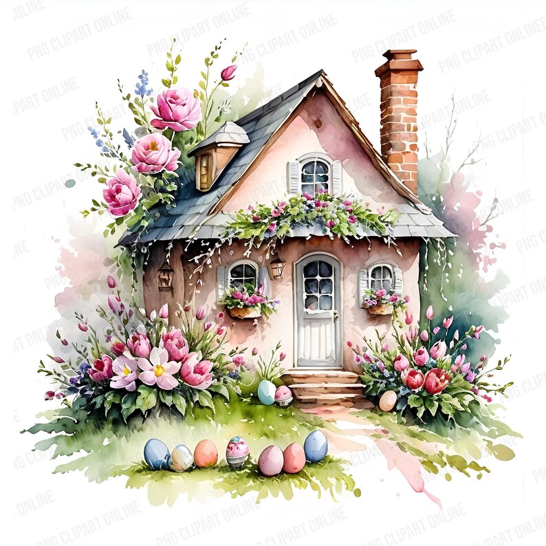 Watercolor Spring Cottage Clipart, Cherry Blossoms, Easter Eggs ...