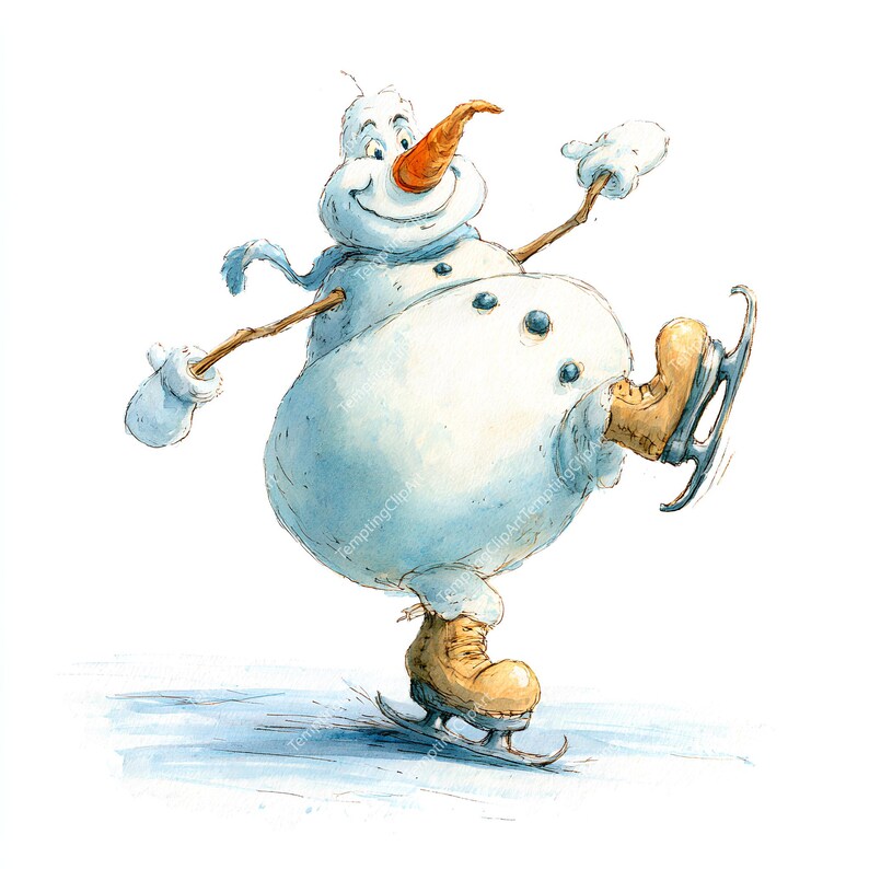 Watercolor Snowman Clipart | Goofy Cartoon, Ice Skating (digital ...