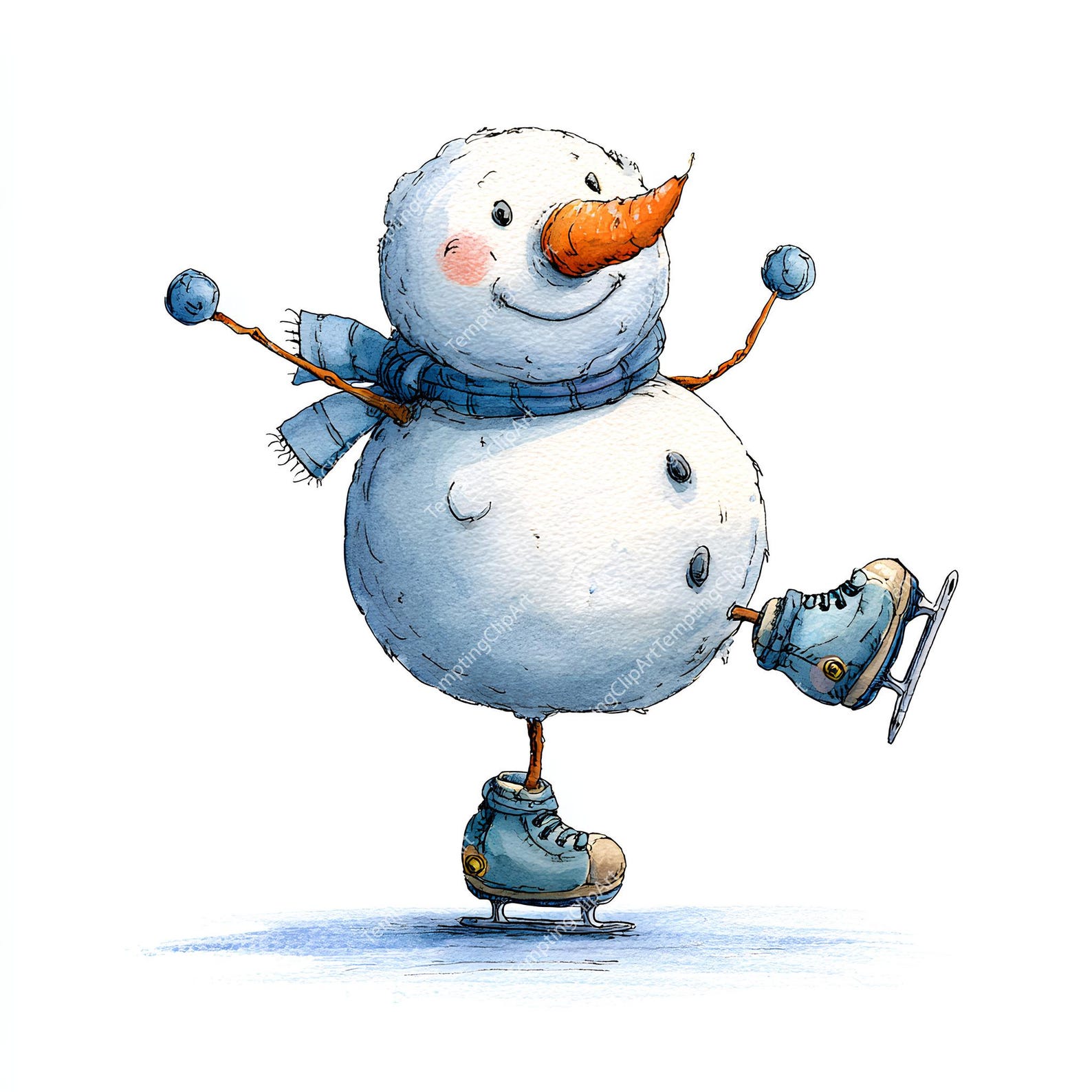 Watercolor Snowman Clipart | Goofy Cartoon, Ice Skating (digital ...