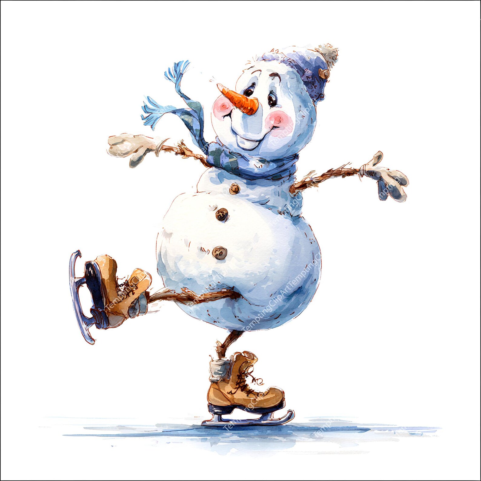 16 Goofy Snowman Clipart | Cartoon Snowman Ice Skating, Watercolor ...