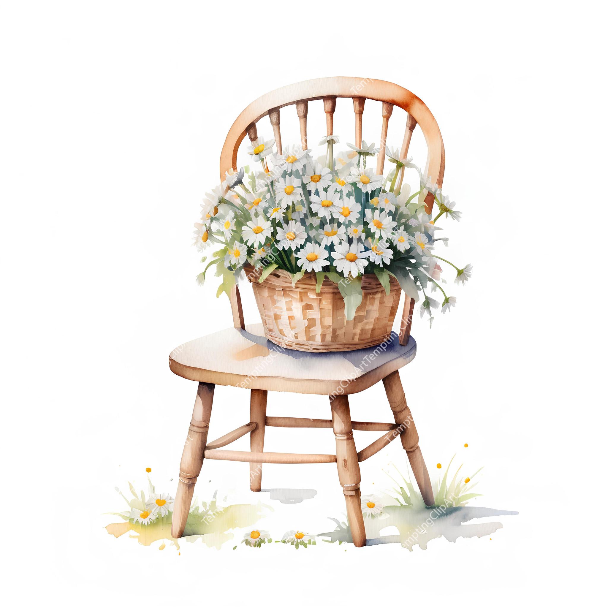 10 Wooden Chair With Daisy Flowers Clipart | Rustic Basket, Watercolor ...