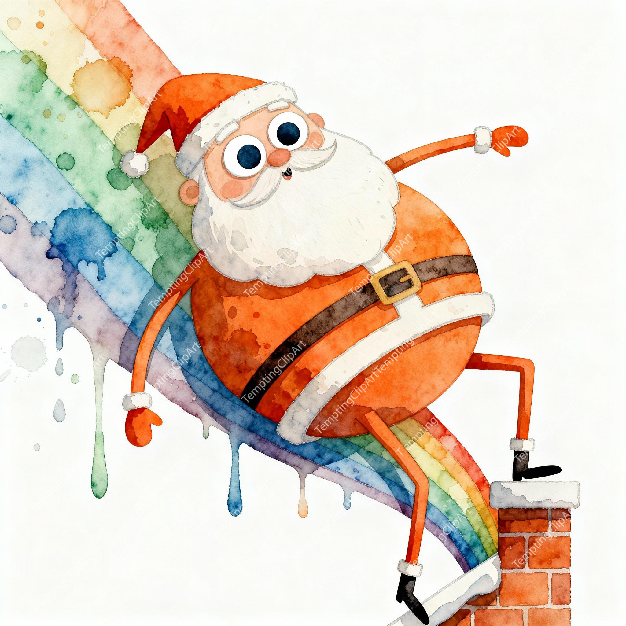 12 Santa and Elf on Rainbow Clipart | Christmas Printable Watercolor ...