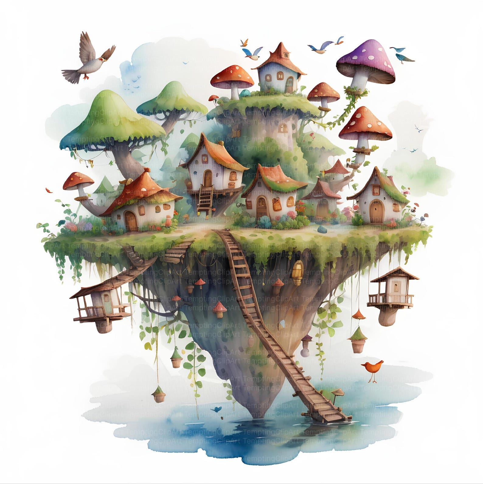 10 Fantasy Floating Island Clipart Set | Watercolor Sky Castles, Magic ...