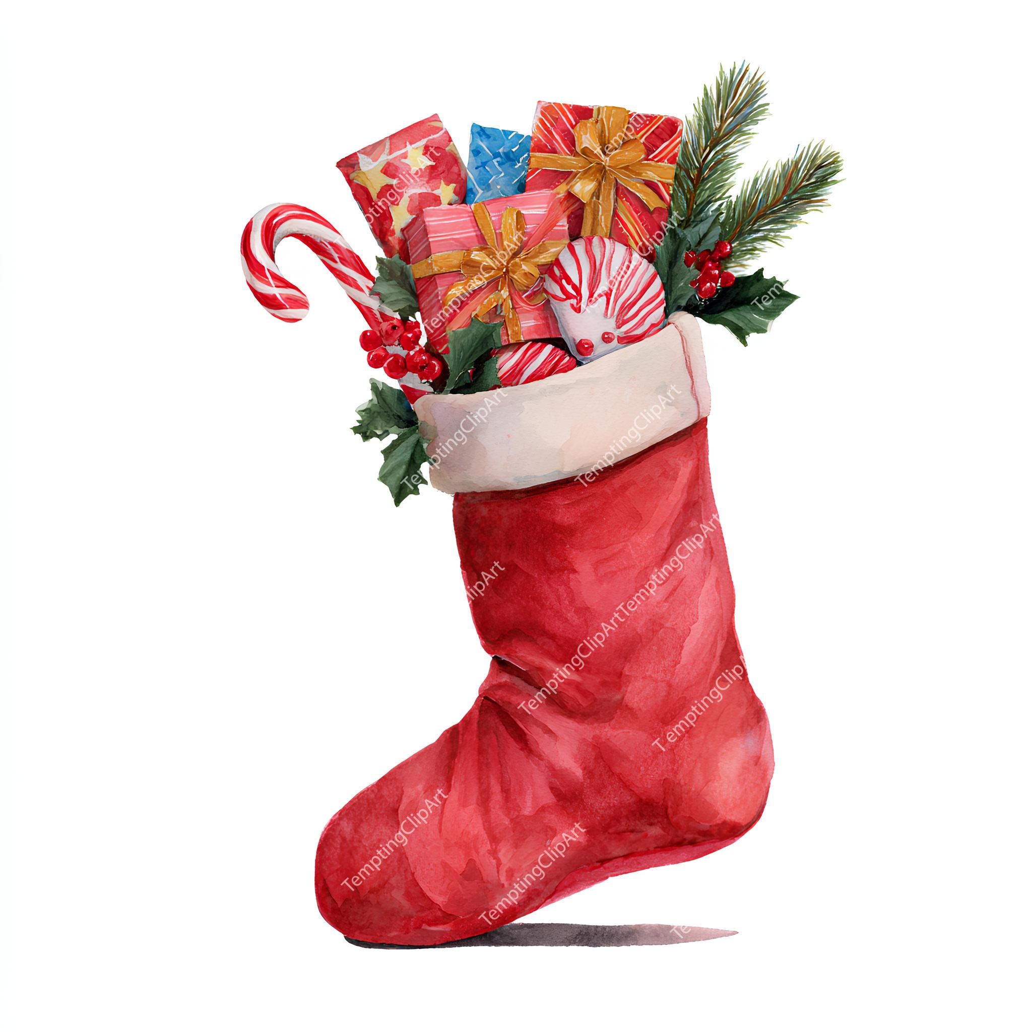 12 Christmas Stocking Clipart | Red Holiday Sock Filled, Watercolor ...