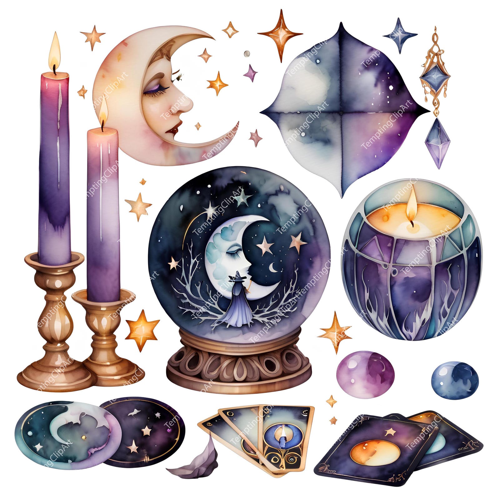10 Modern Witch Paraphernalia Clipart | Watercolor Tarot Cards, Crystal ...