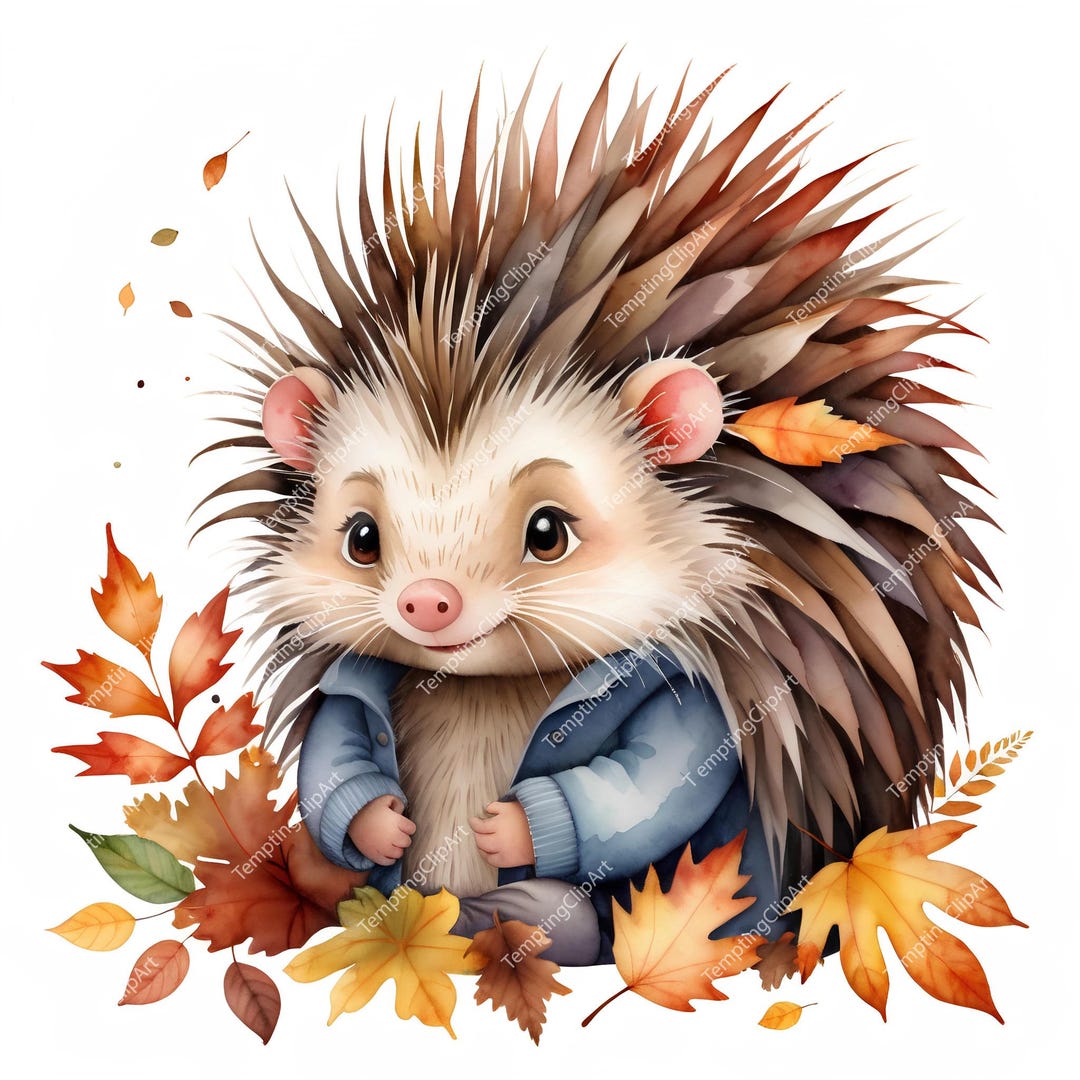 10 Watercolor Porcupine Clipart With Autumn Leaves | High Quality Jpgs ...