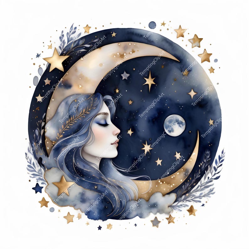 10 Celestial Moon Phase Clipart | Watercolor Full Moon, Crescent ...