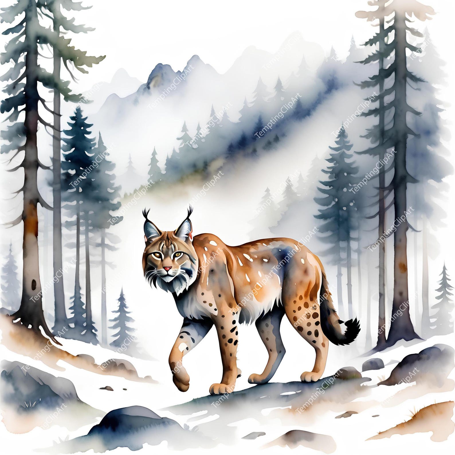 Watercolor Lynx Clipart: Misty Pine Forest Animal Art (digital Download ...