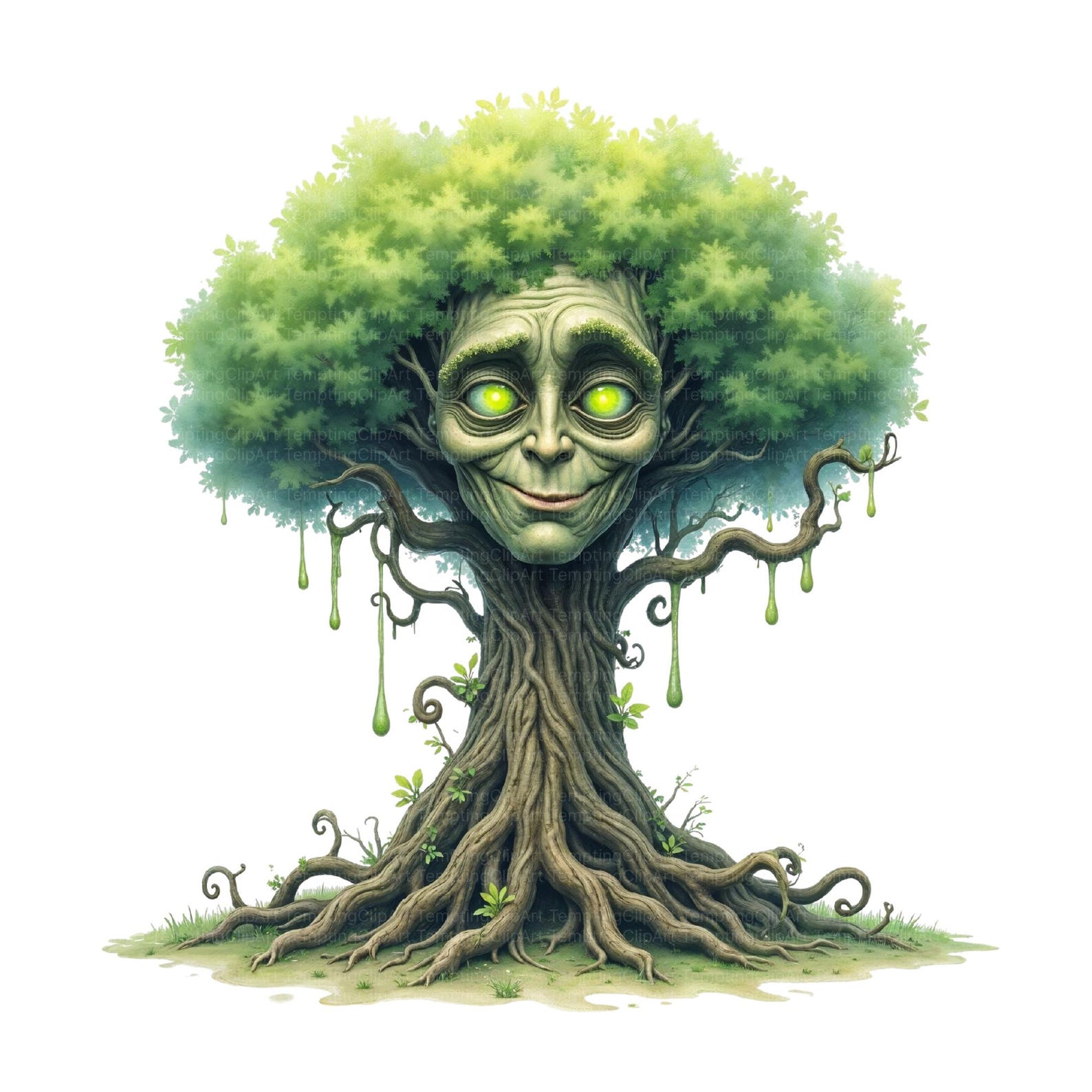 Ancient Tree Clipart | Watercolor Fantasy Tree With Face, Glowing Eyes ...