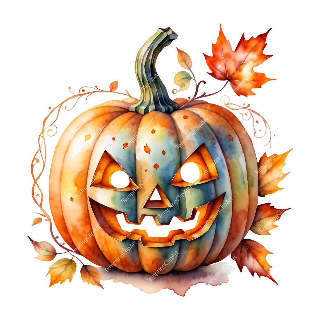 10 Watercolor Jack-o’-lantern Clipart | Glowing Pumpkin Lantern With ...