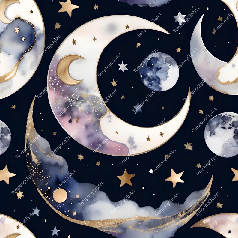 10 Celestial Moon Phase Clipart | Watercolor Full Moon, Crescent ...