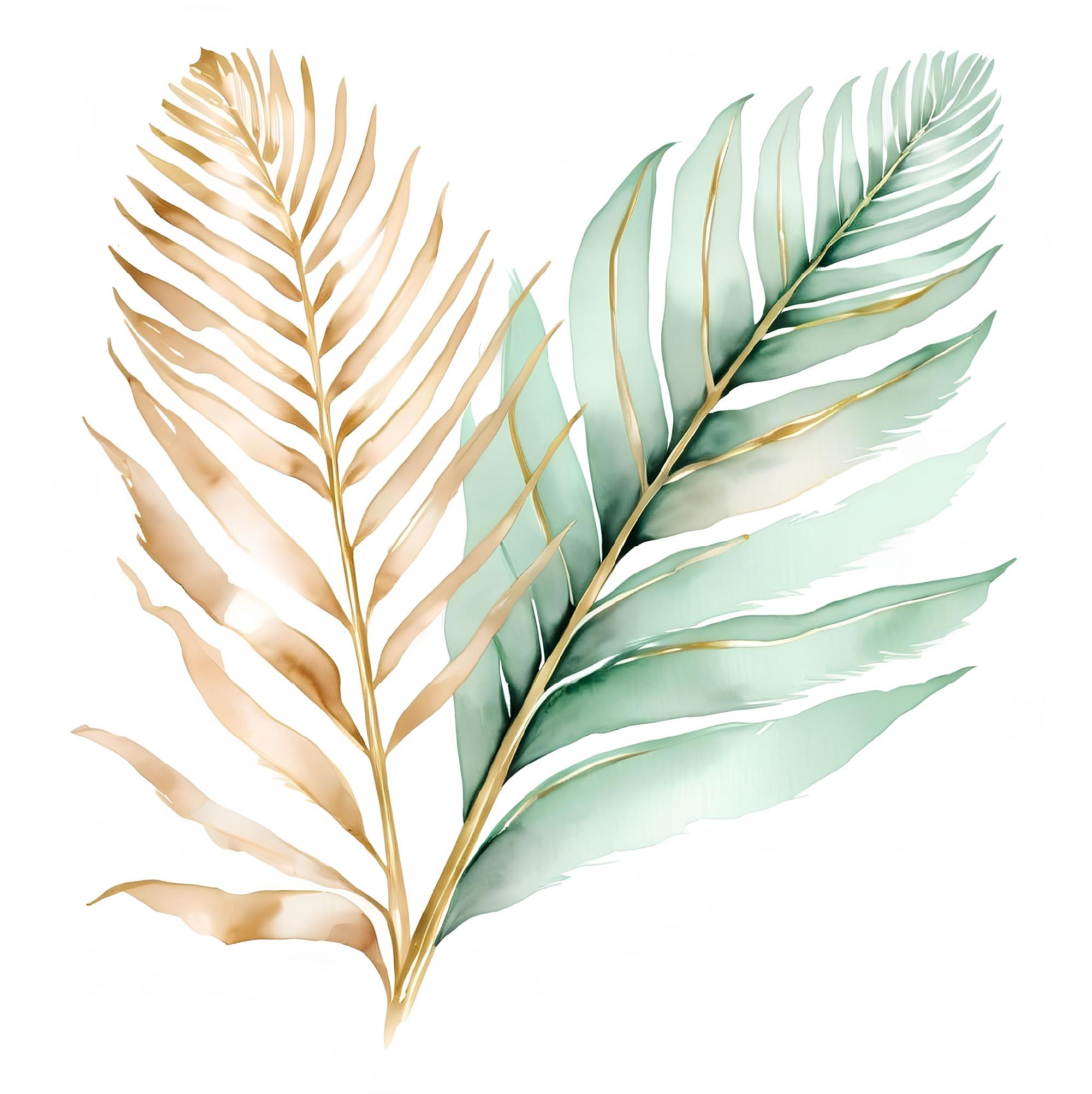 10 Watercolor Palm Frond Clipart | Mint Green Tropical Leaf With Gold ...