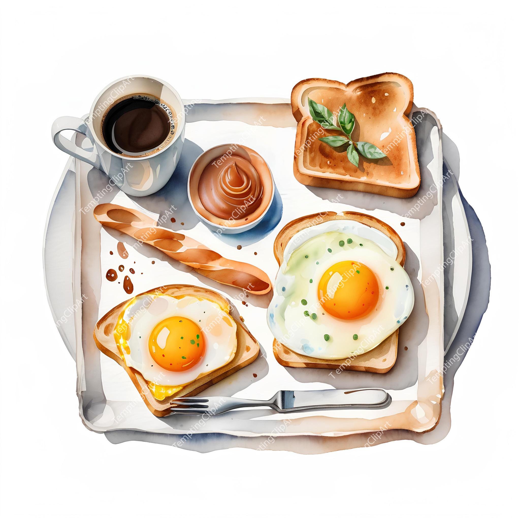 10 Watercolor Breakfast Tray Clipart With Eggs, Toast and Coffee | High ...