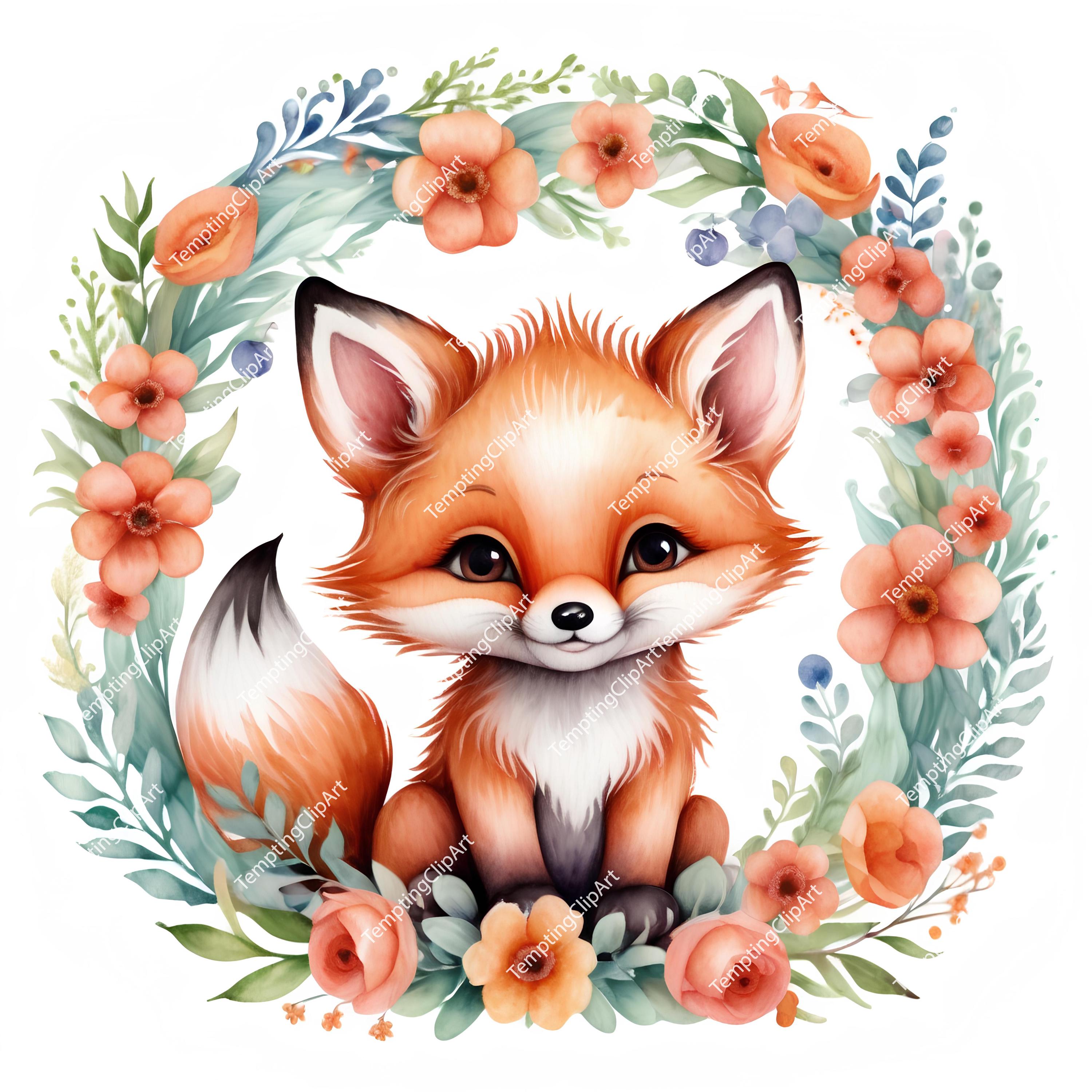10 Baby Fox Clipart | Woodland Foxes in Floral Wreaths, Watercolor ...