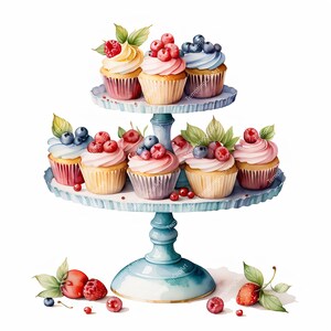 10 Watercolor Cake Stand Clipart With Cupcakes and Berries | High ...