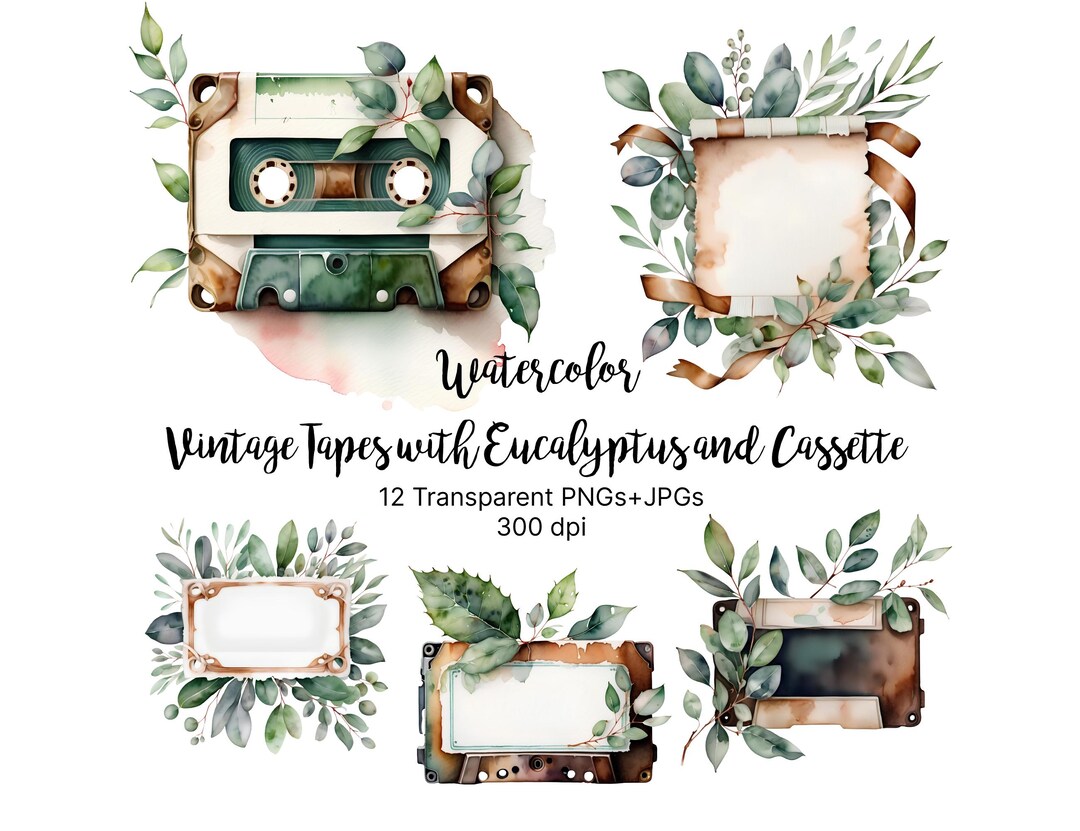 Watercolor Cassette Tape Clipart: Eucalyptus & Vintage Design (digital ...