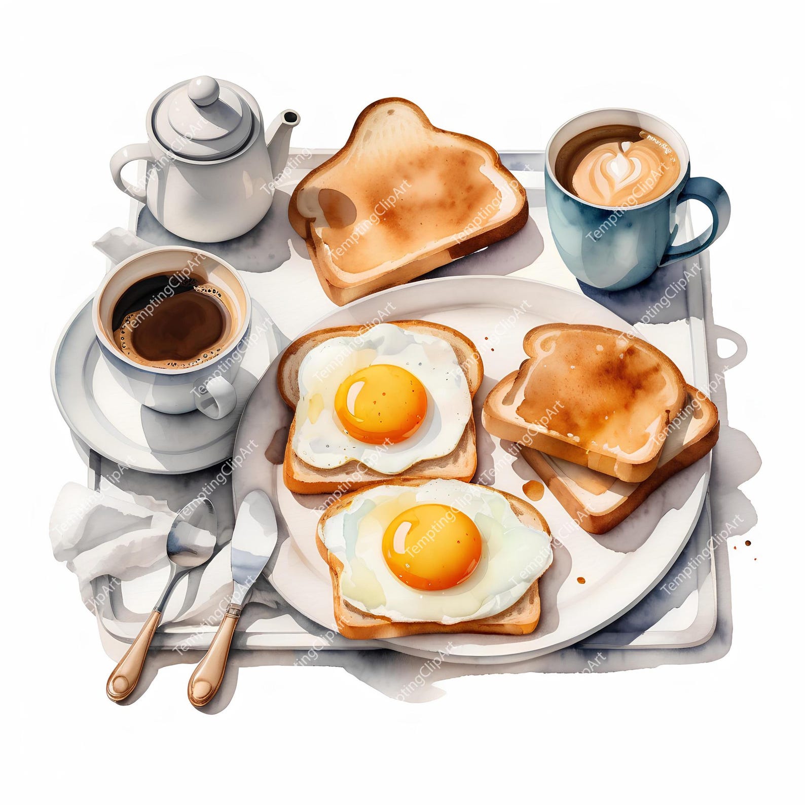 10 Watercolor Breakfast Tray Clipart With Eggs, Toast and Coffee | High ...