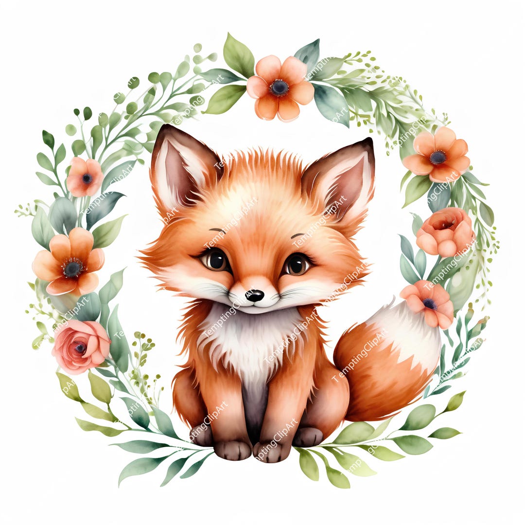 10 Baby Fox Clipart | Woodland Foxes in Floral Wreaths, Watercolor ...