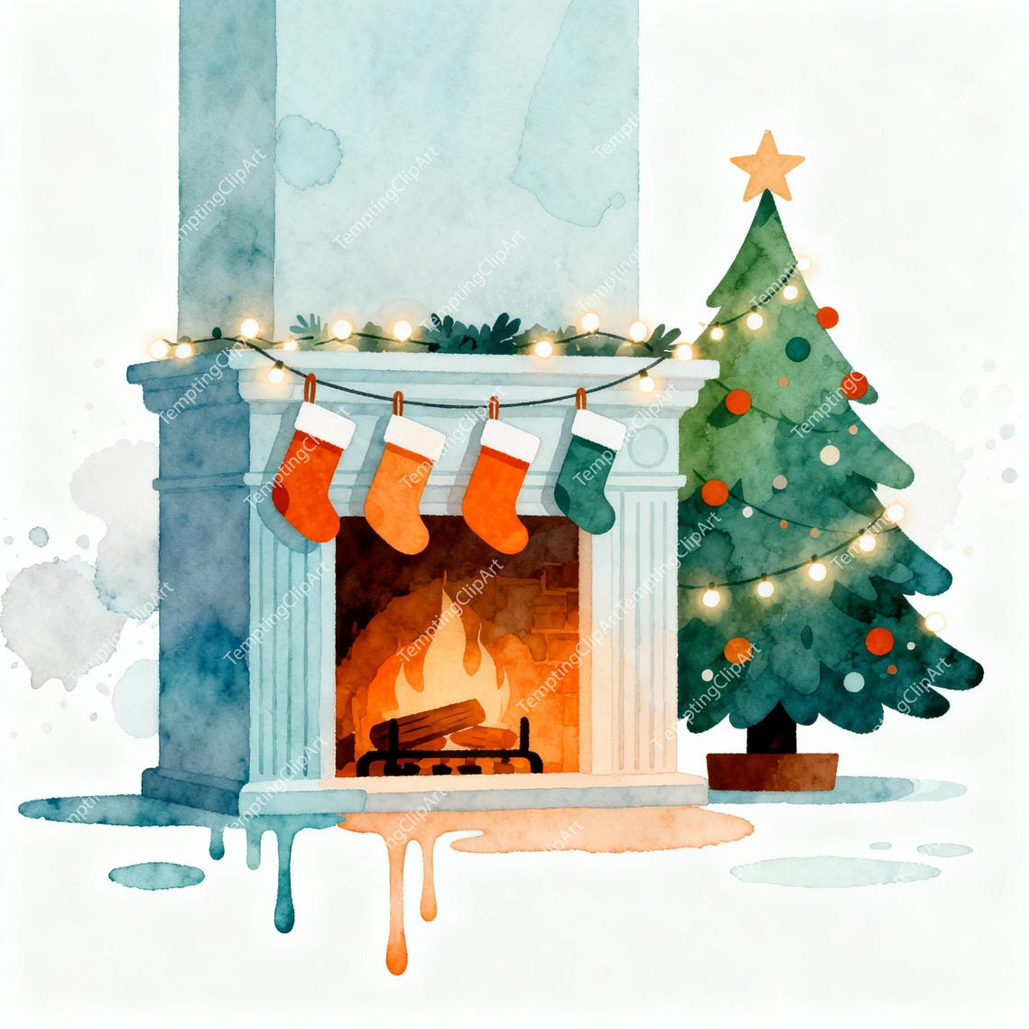 11 Festive Fireplace & Christmas Stockings Clipart | Watercolor Clipart ...