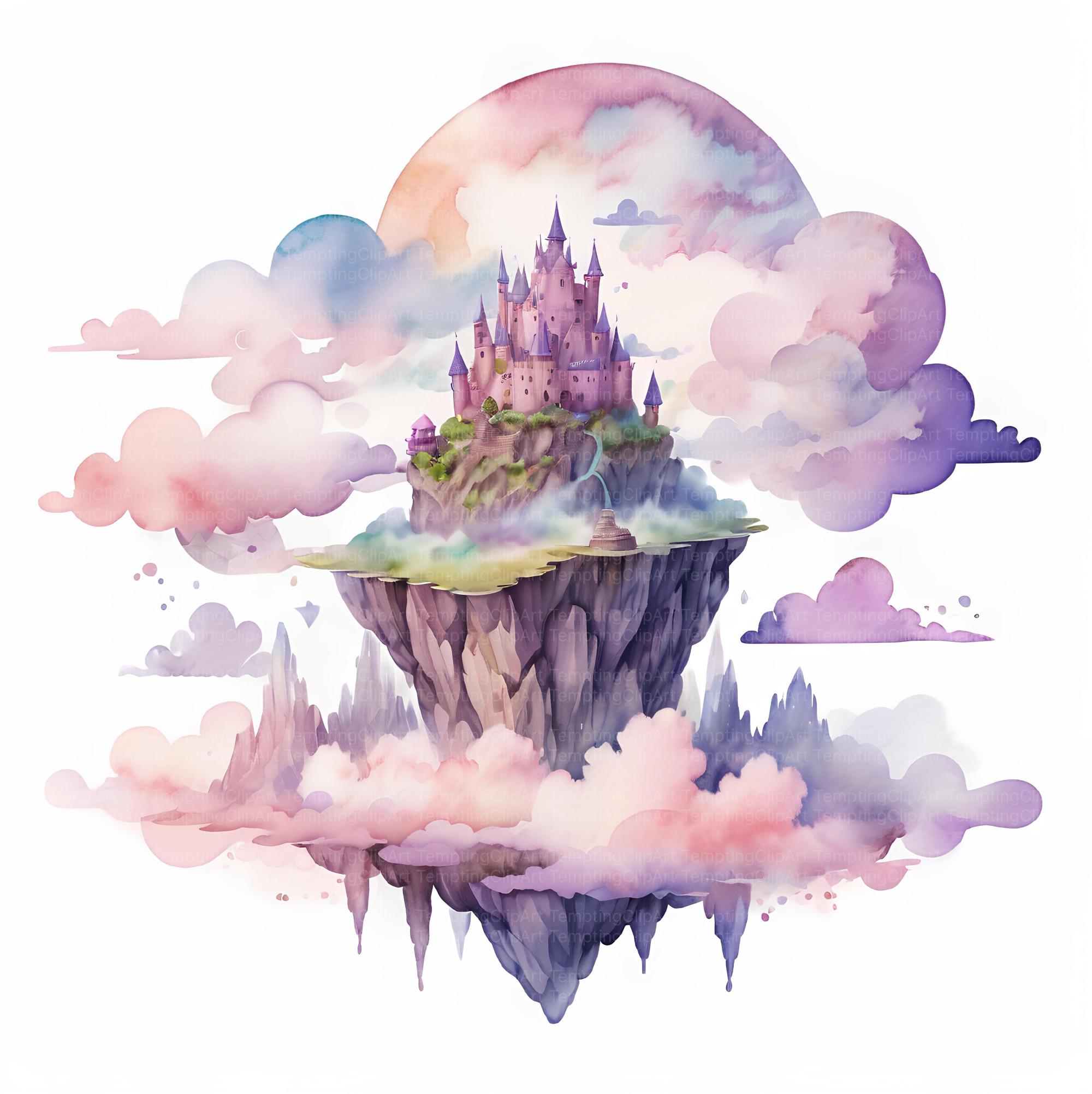 10 Fantasy Floating Island Clipart Set | Watercolor Sky Castles, Magic ...