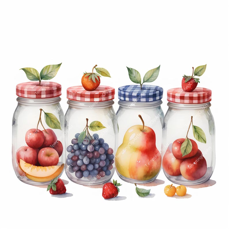 10 Jam Jar Clipart | Watercolor Gingham Lids & Fruit Preserves, Country ...