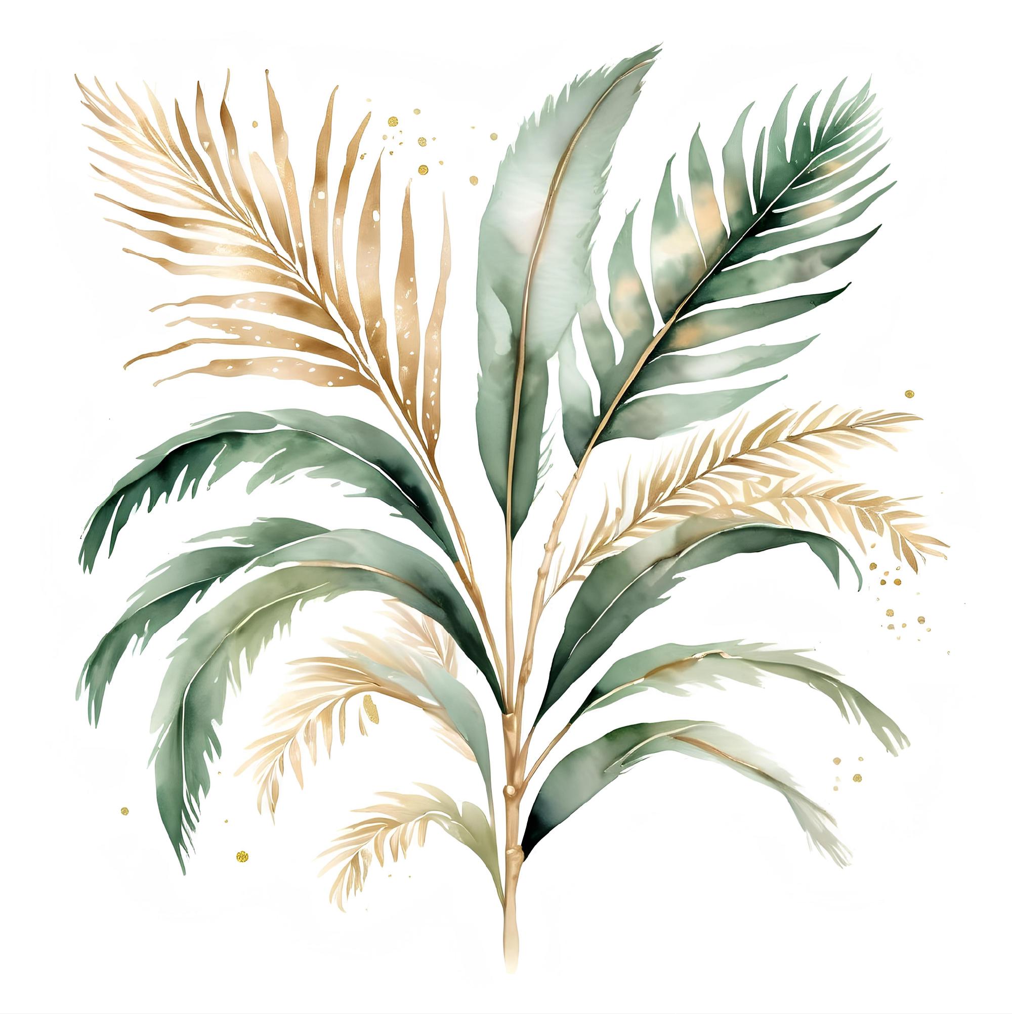 10 Watercolor Palm Frond Clipart | Mint Green Tropical Leaf With Gold ...