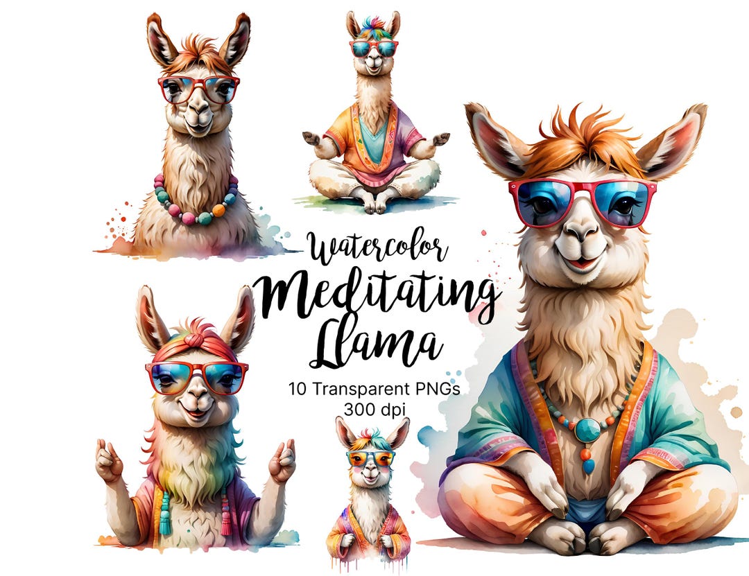 Watercolor Meditating Llama Clipart: Funny Zen Animal PNG (digital ...