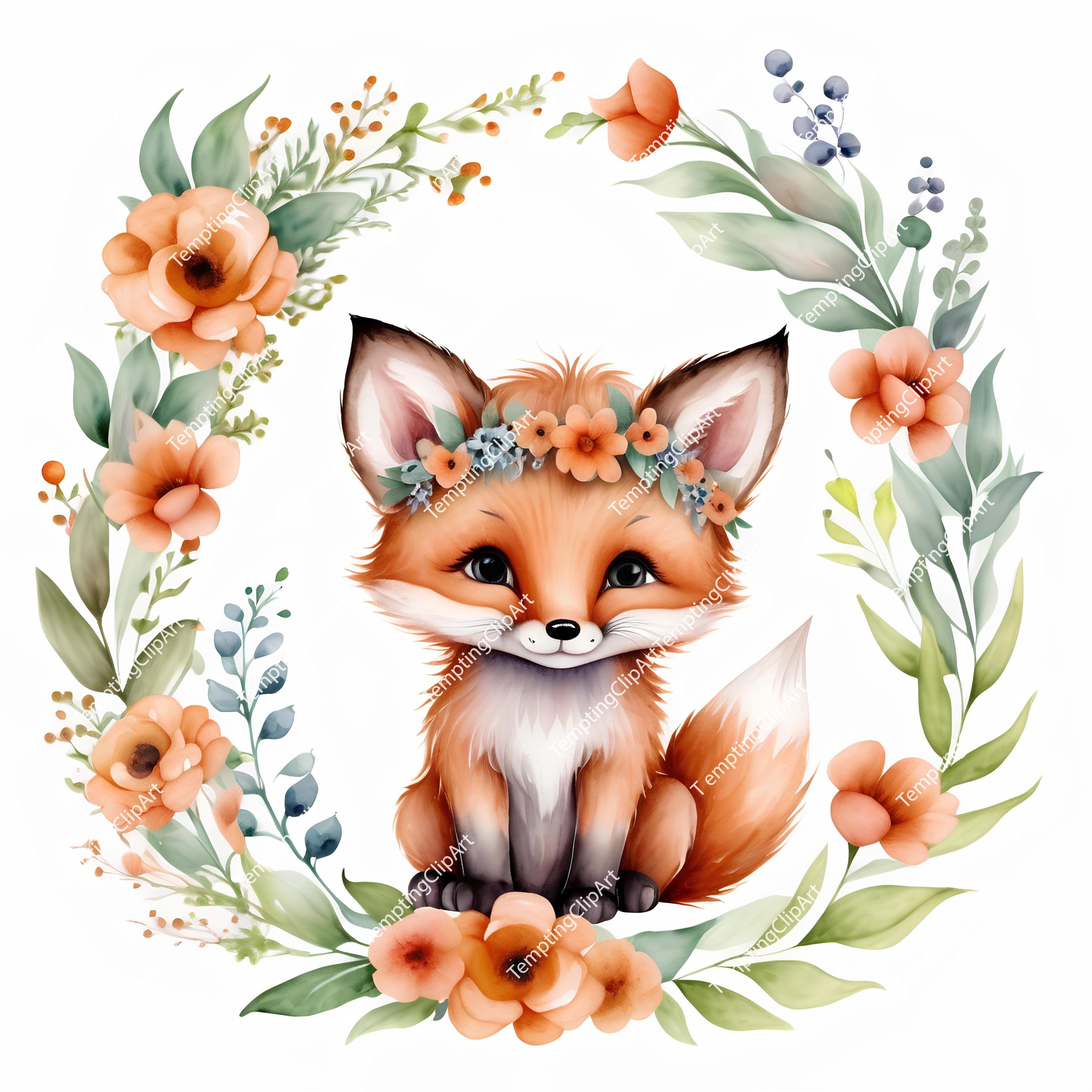 10 Baby Fox Clipart | Woodland Foxes in Floral Wreaths, Watercolor ...